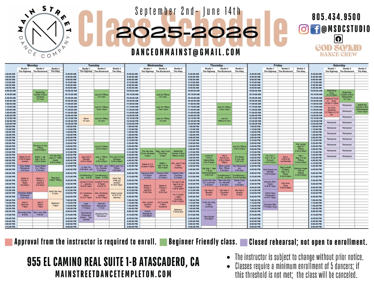 SCHEDULE & PRICING – Main Street Dance Templeton